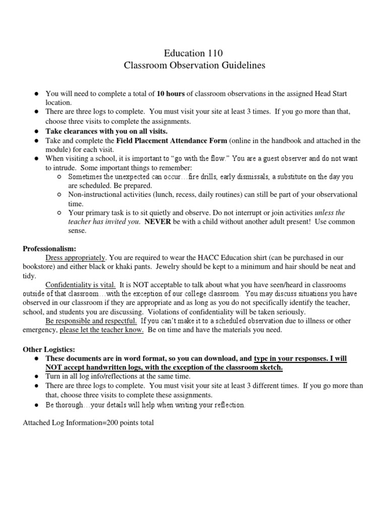 Education 110 Classroom Observation Guidelines | PDF | Teachers | Classroom