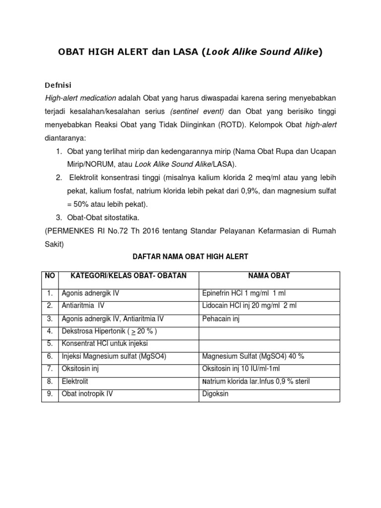 Daftar Obat High Alert Dan Lasa | PDF
