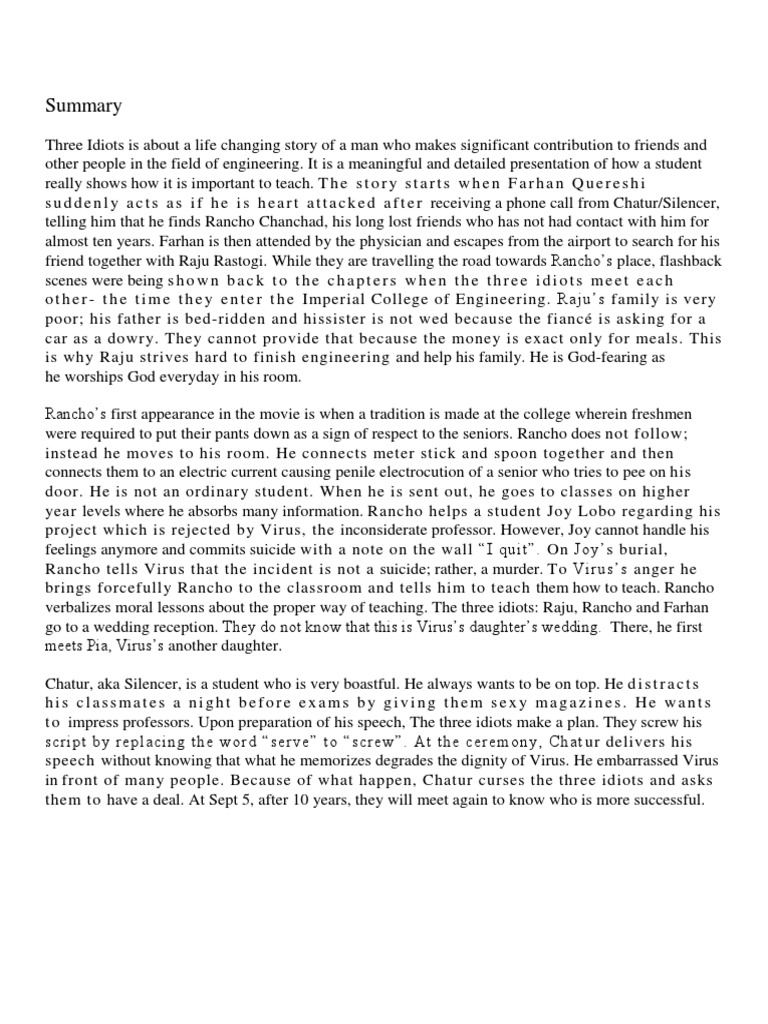Summary 3 Idiots | PDF