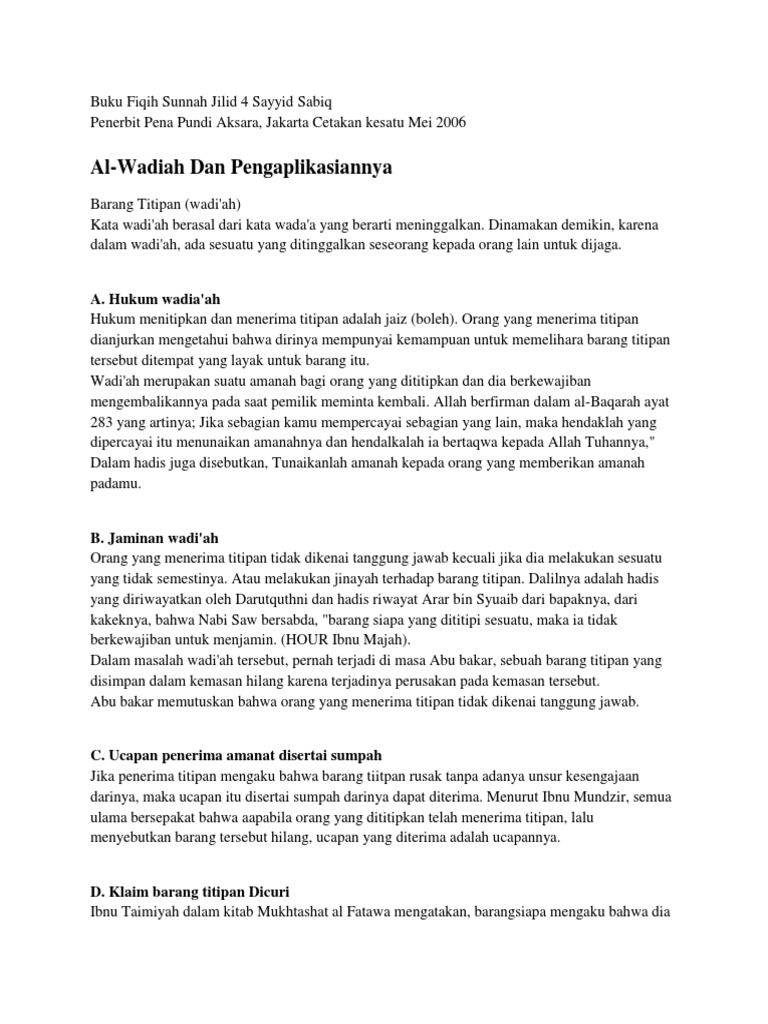 Buku Fiqih Sunnah Jilid 4 Sayyid Sabiq - Al-Wadiah | PDF