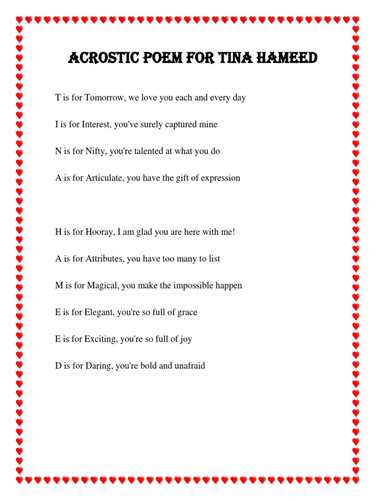 Acrostic Poem For Tina Hameed | Download Free PDF | Feeling | Verb