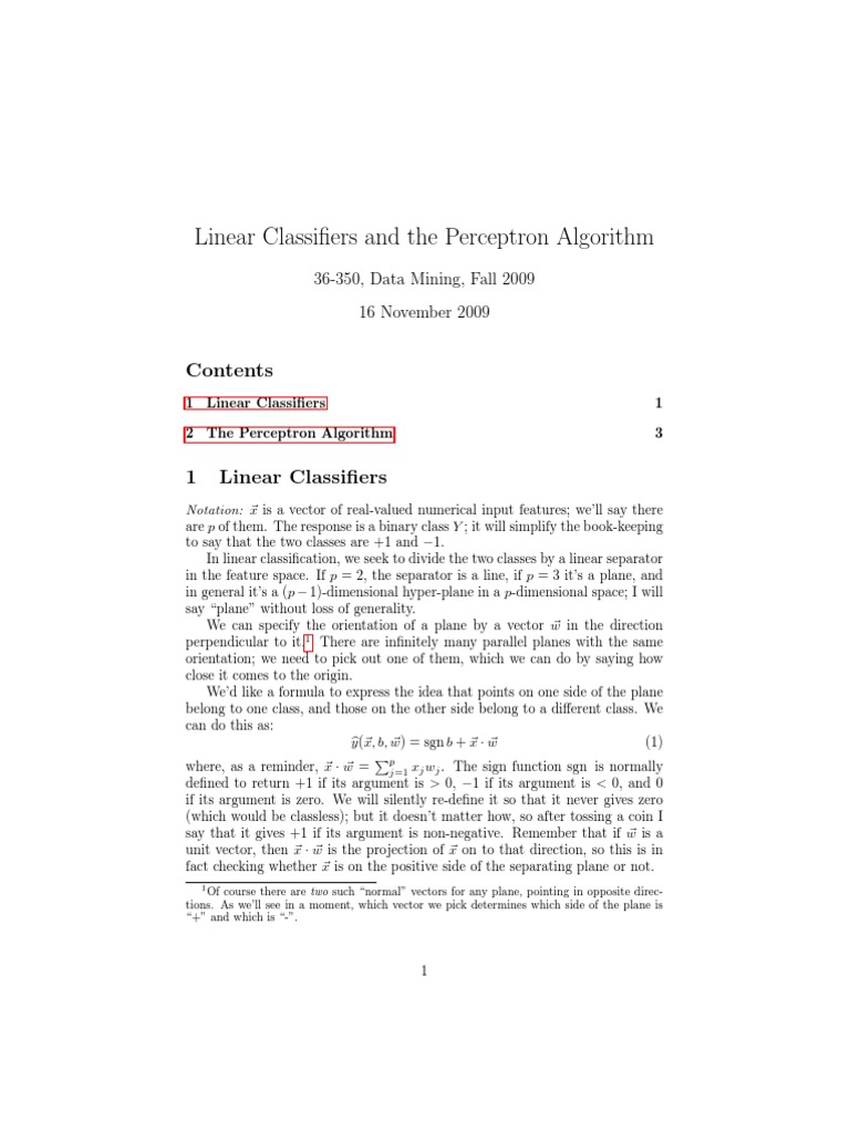 Linear Classifiers and The Perceptron Algorithm: 36-350, Data Mining ...