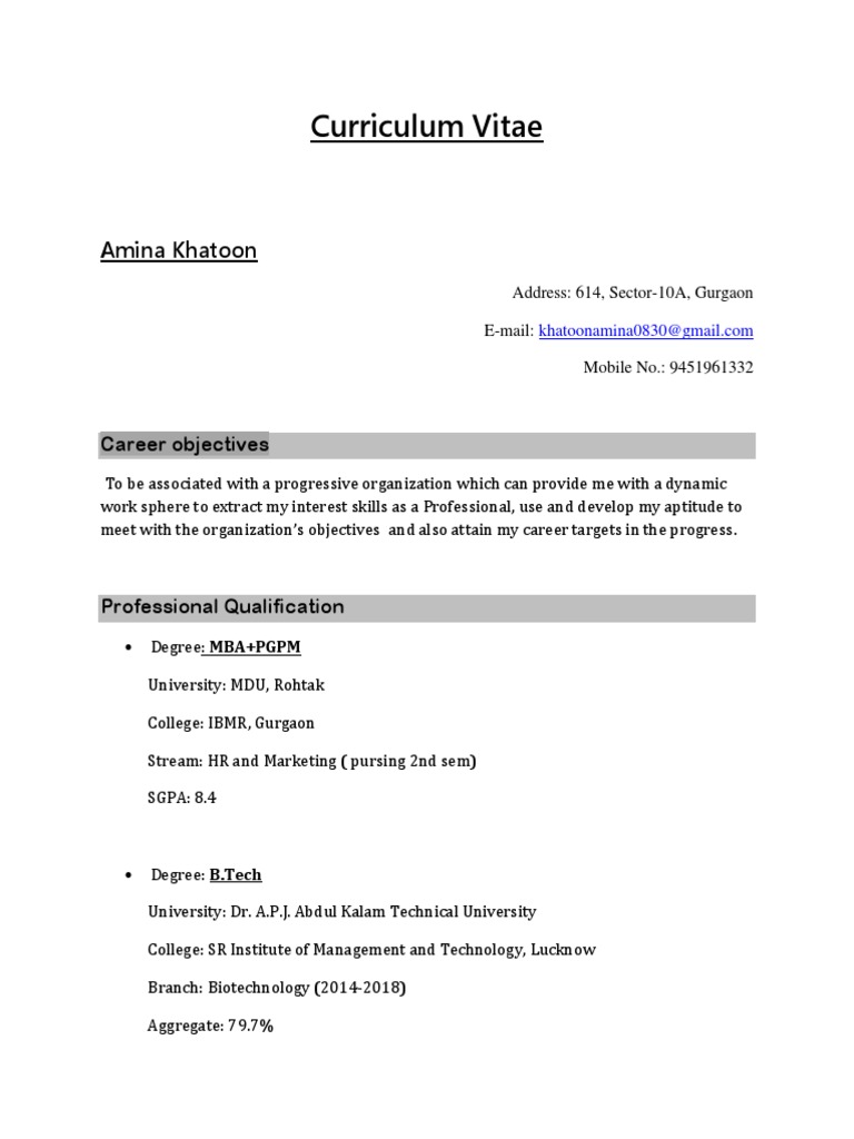 Curriculum Vitae: Amina Khatoon | PDF