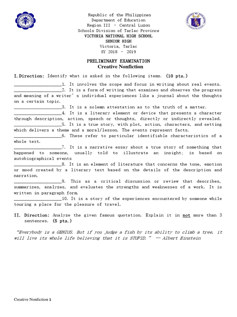 PRELIMS Creative Nonfiction | PDF | Essays | Cognition