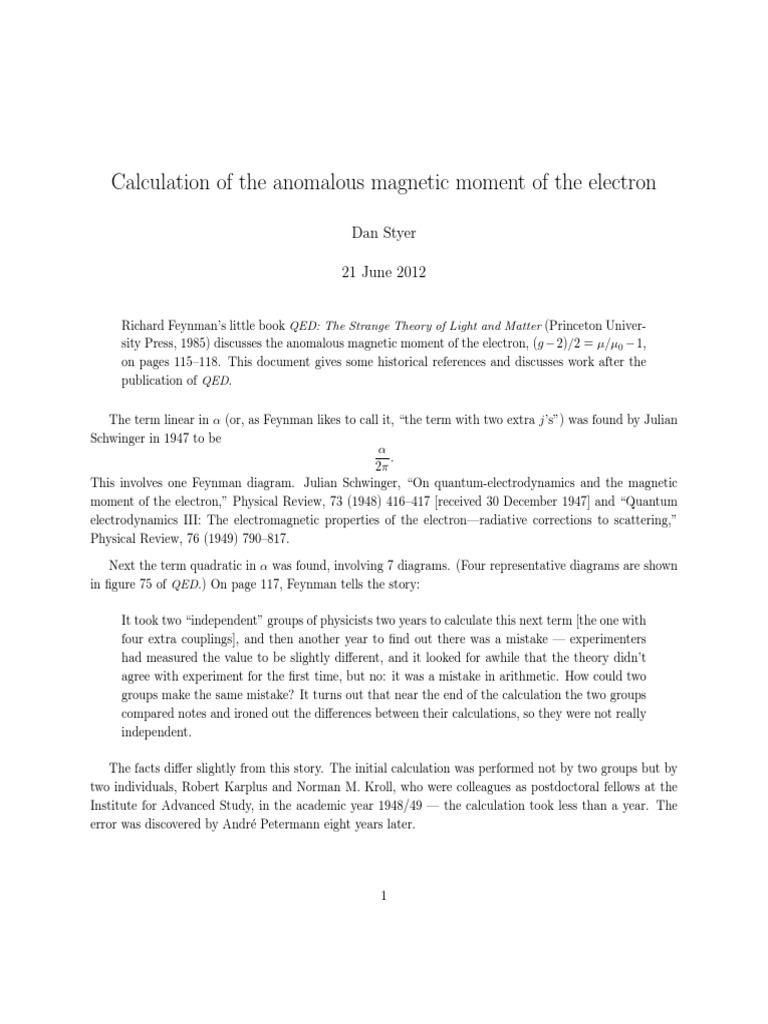 Calculation of The Anomalous Magnetic Moment of The Electron | PDF | Quantum Electrodynamics ...
