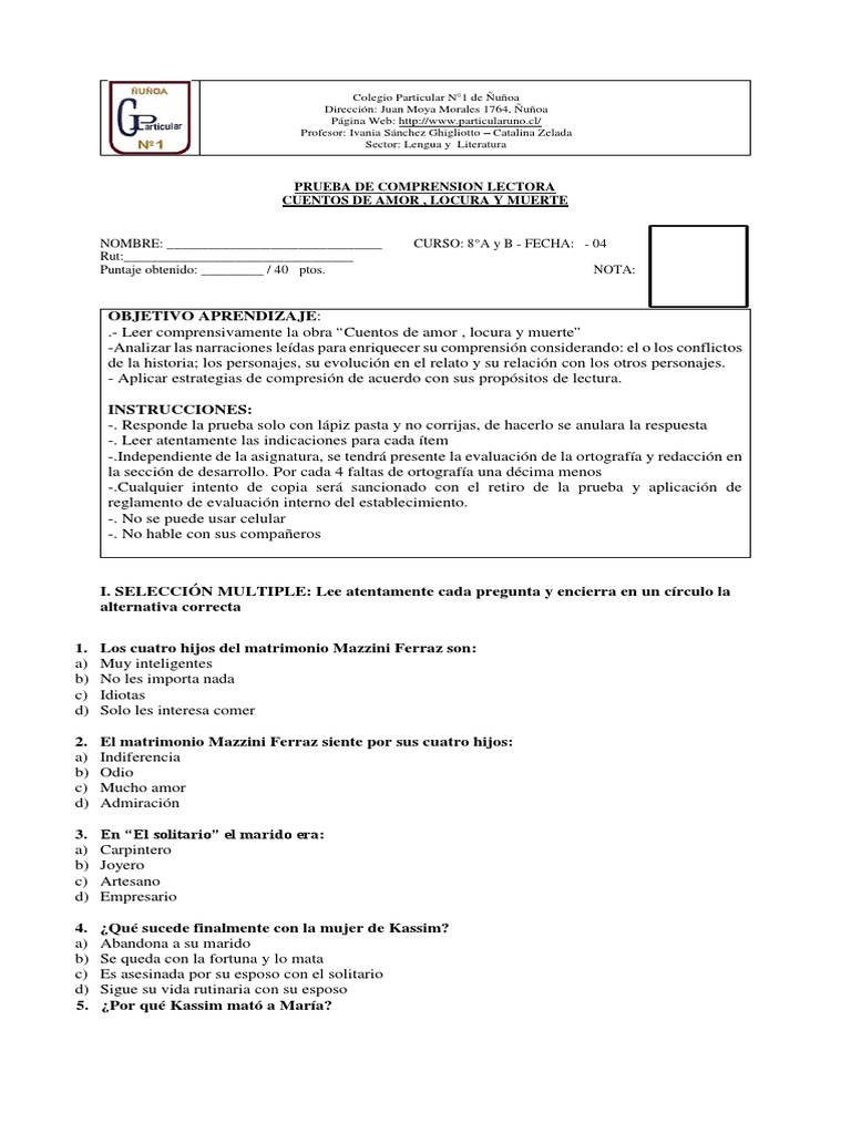 Plan Lector Octavo-Cuentos de Amor, Locura y Muerte | PDF | Bienestar | Medicina