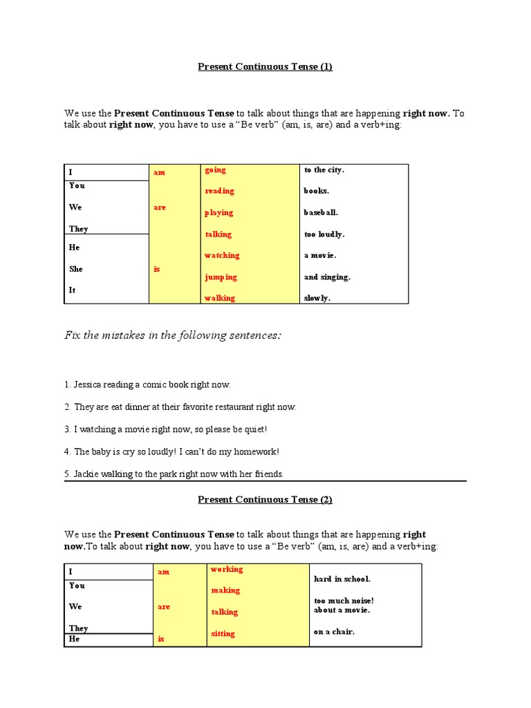 Present Continuous Tense (1) : Fix The Mistakes in The Following ...