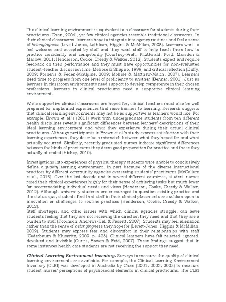 Clinical Learning Environment Inventory. Surveys To Measure The Quality ...