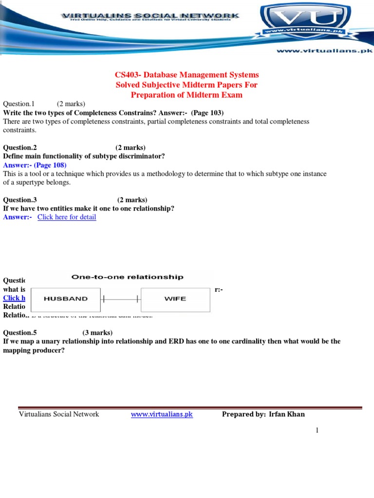 CS403-Database Management Systems Solved Subjective Midterm Papers For Preparation of Midterm ...