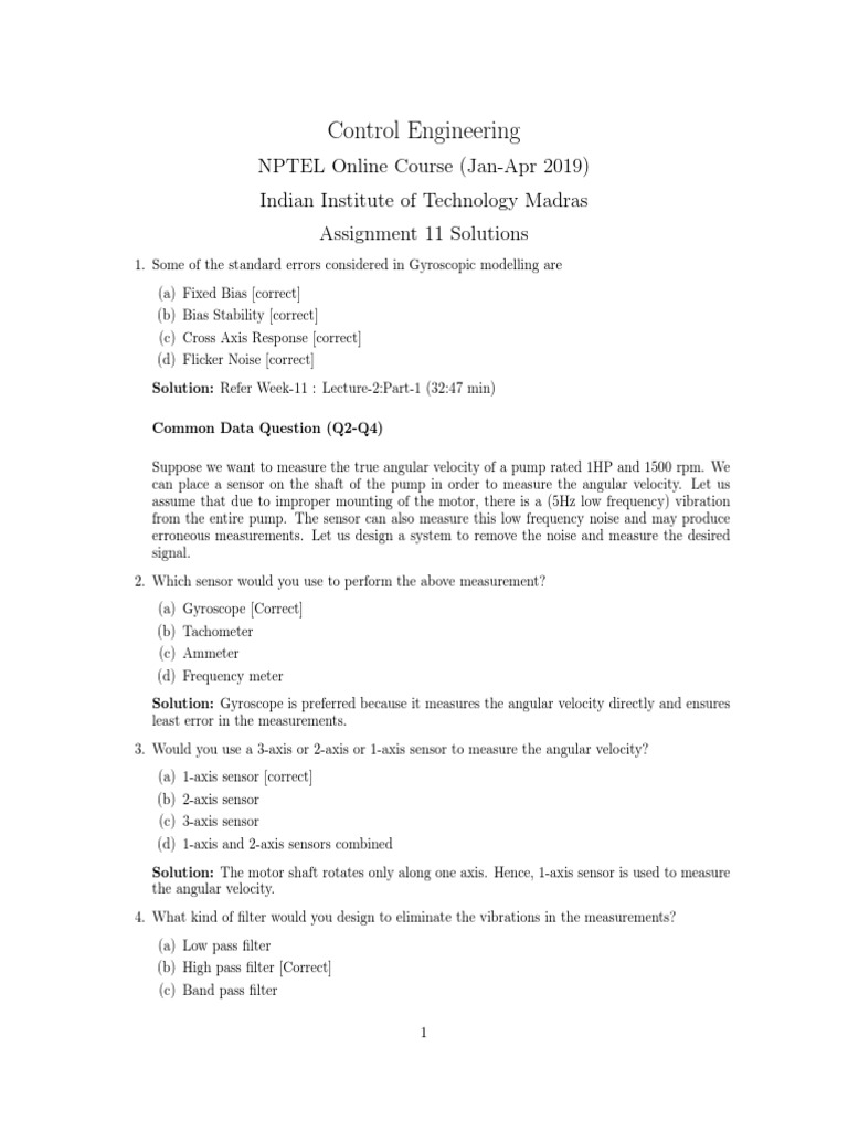 Control Engineering: NPTEL Online Course (Jan-Apr 2019) Indian Institute of Technology Madras ...