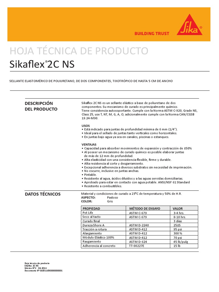 Ficha Tecnica Sikaflex 2c Ns | PDF | Agua | Hormigón