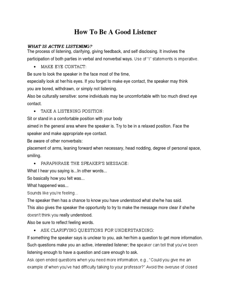 Be A Good Listener | PDF | Nonverbal Communication | Psychological Concepts