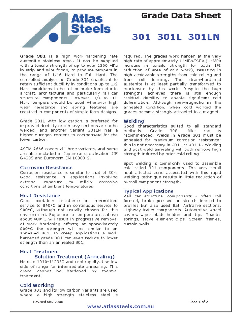 Grade Data Sheet: Grade 301 Is A High Work-Hardening Rate | PDF ...