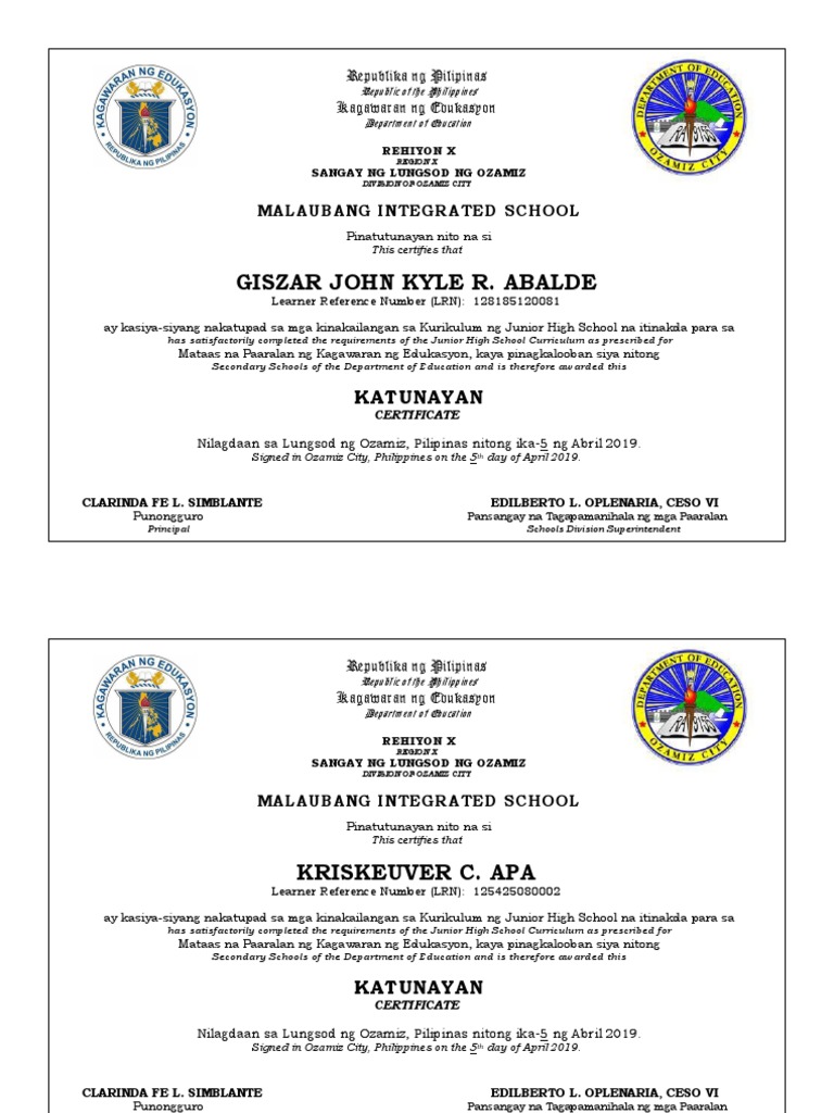 DepEd Sample Template For Grade 10 Certificate of Completion EOSY SY ...