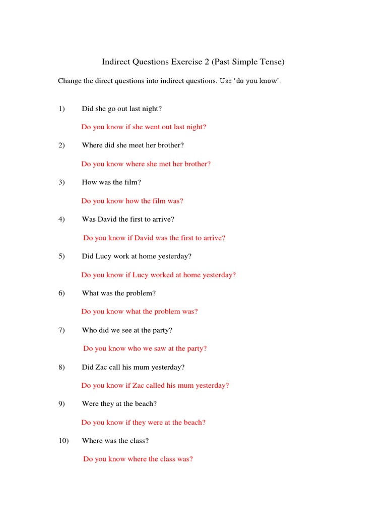 Indirect Questions Exercise 2 | PDF