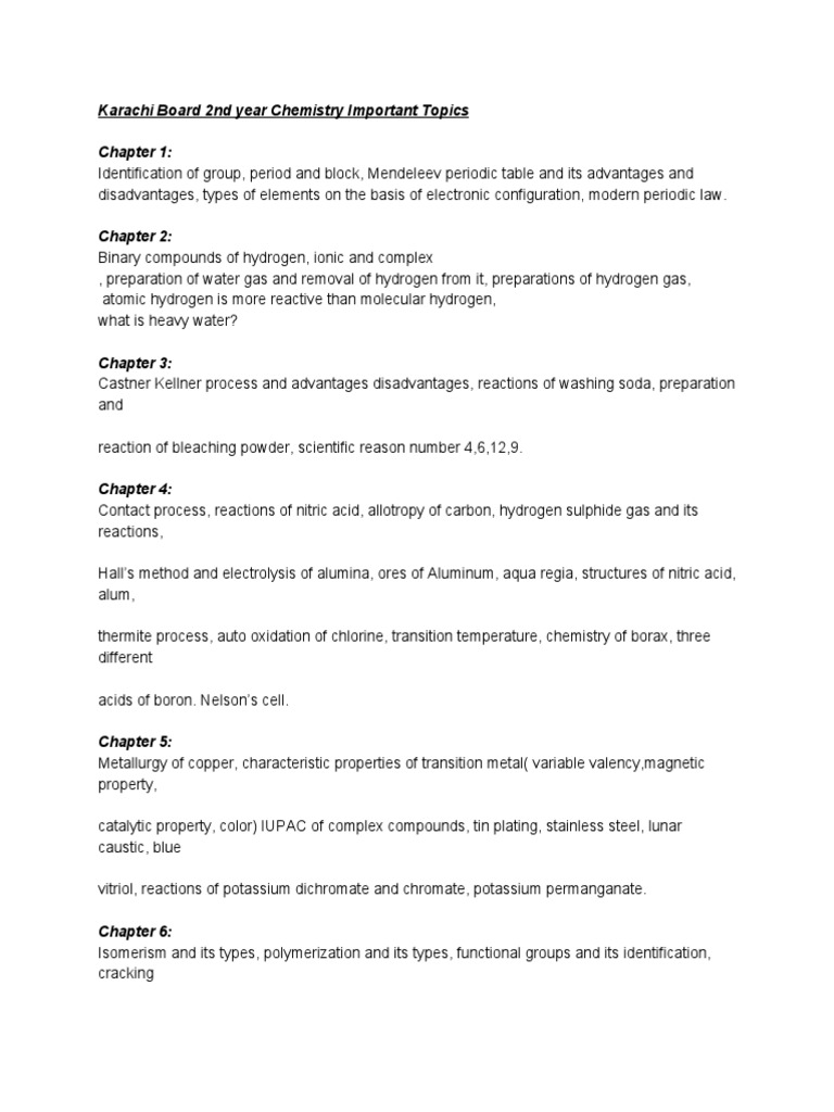 Karachi Board 2nd Year Chemistry Important Topics | PDF | Chemical ...