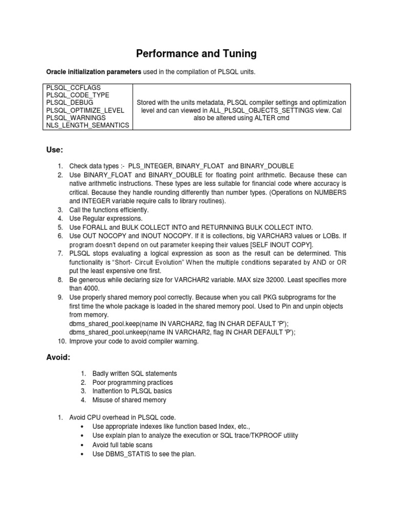 Performance and Tuning: Oracle Initialization Parameters Used in The Compilation of PLSQL Units ...