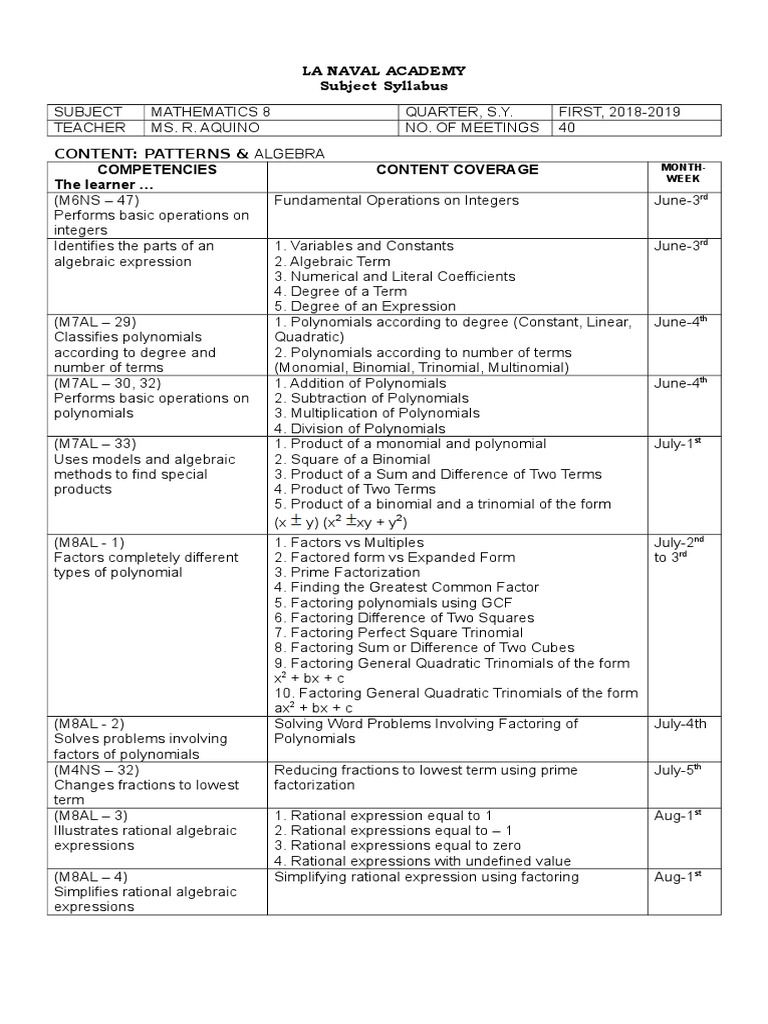 La Naval Academy Subject Syllabus: Month-Week | PDF | Factorization ...