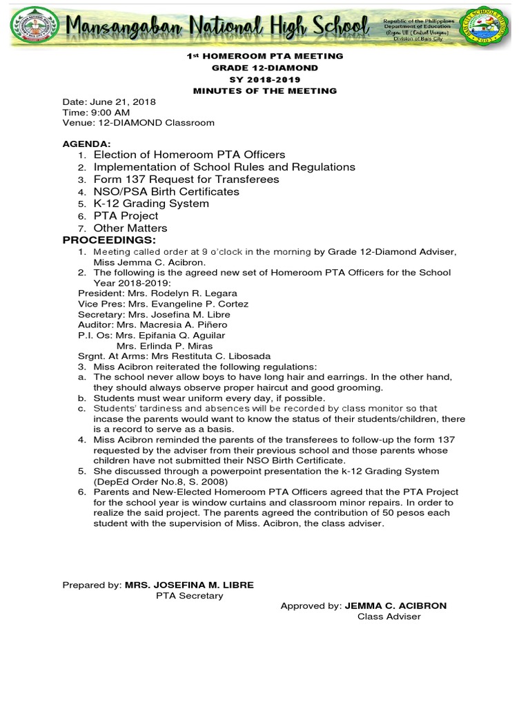 1st HOMEROOM PTA MEETING | PDF