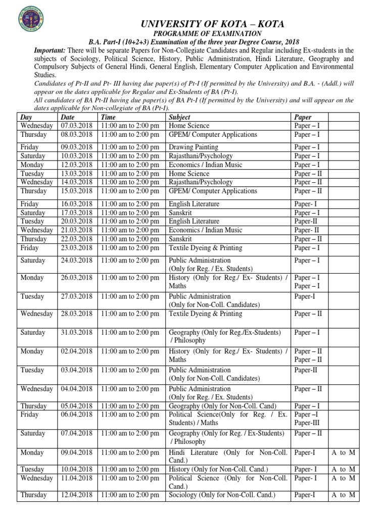 BA Exam Schedule 2018 | PDF | Bachelor Of Arts | Academia