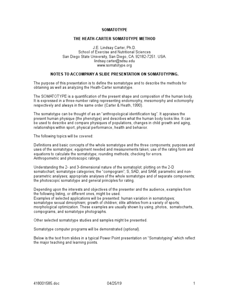 Heath - Carter Somatotype Method For TTT | PDF | Human Body | Psychology