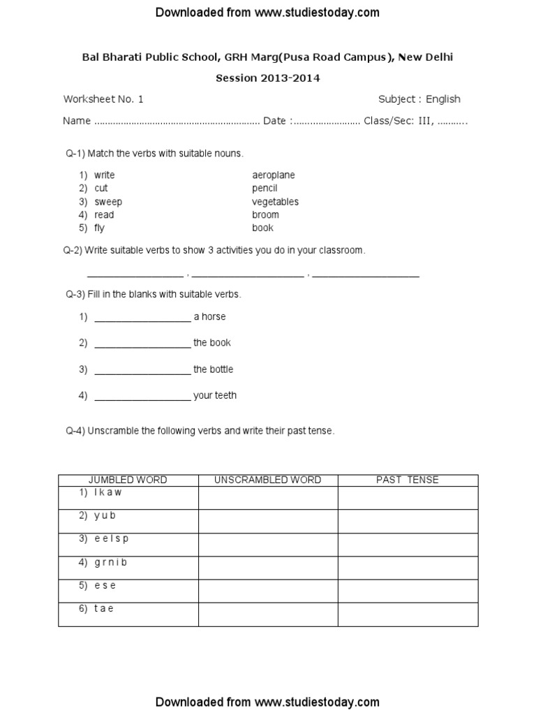 CBSE Class 3 English Practice Worksheet | PDF | Syntactic Relationships ...
