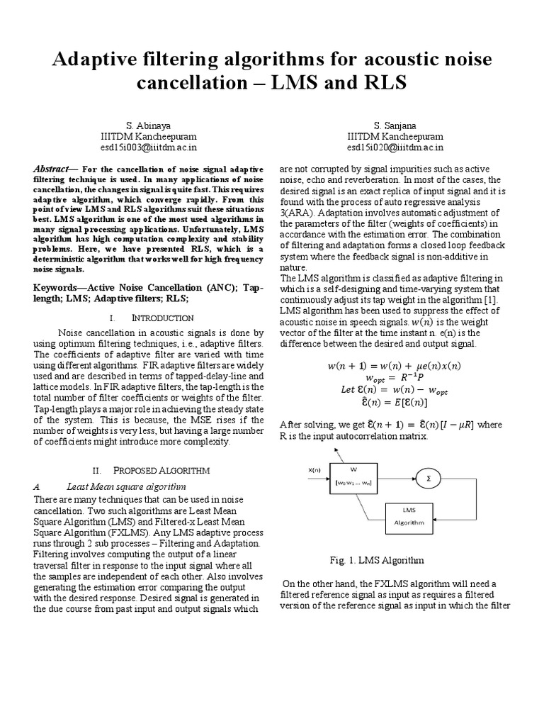 Adaptive Filtering Algorithms For Acoustic Noise Cancellation - LMS and RLS | PDF | Theoretical ...