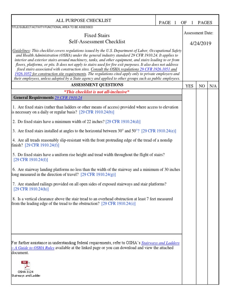Fixed Stairs Self-Assessment Checklist 4/24/2019: All Purpose Checklist ...