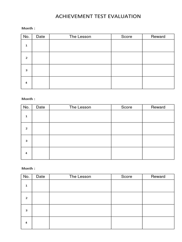 Achievement Test Evaluation: Month: No. Date The Lesson Score Reward | PDF