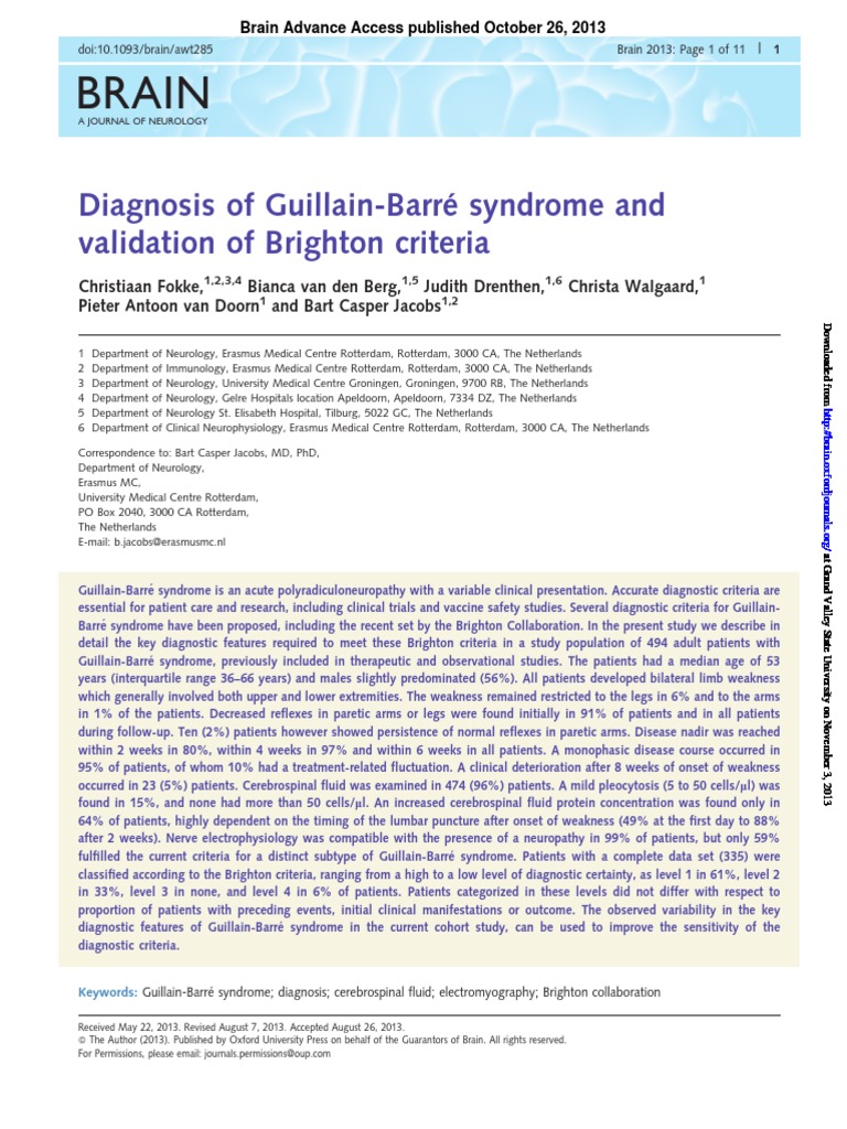 Brain: Diagnosis of Guillain-Barre Syndrome and Validation of Brighton ...