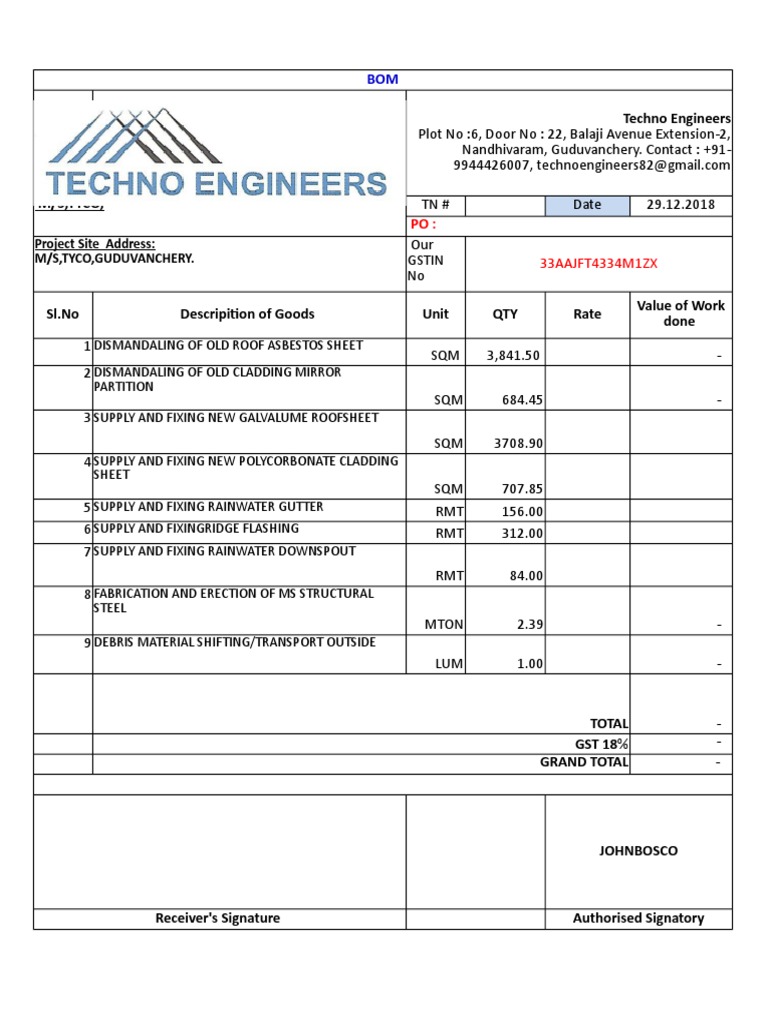 Boq For Tyco Roof | Download Free PDF | Building Technology | Civil Engineering