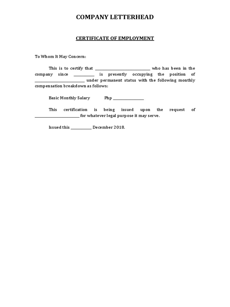Certificate of Employment for [Name] Detailing Position, Date of Hire ...