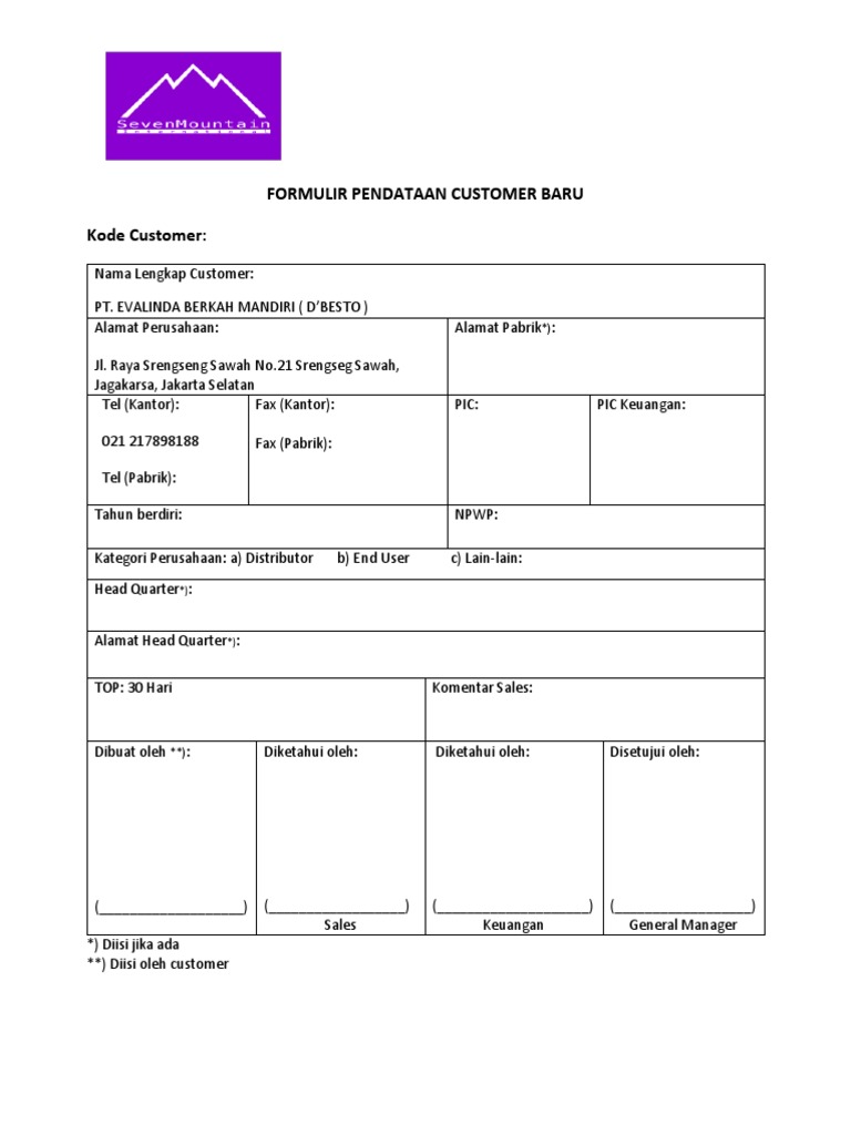 Formulir Pendataan Customer Baru 7M | PDF