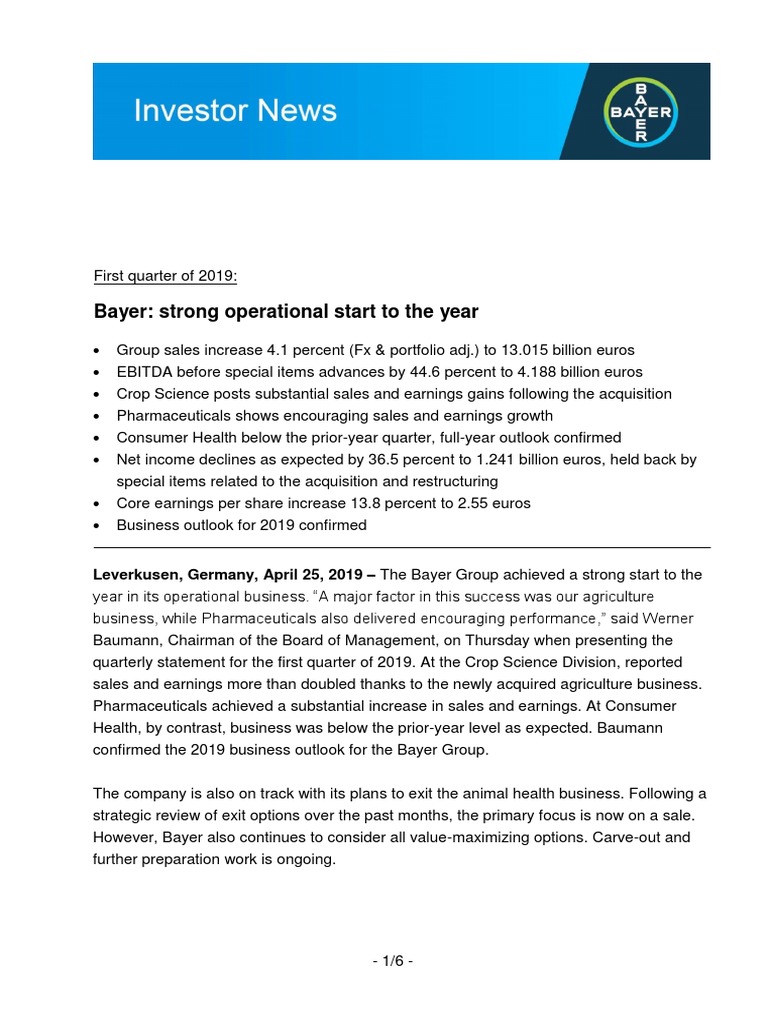 Bayer: Strong Operational Start To The Year | PDF | Bayer | Euro