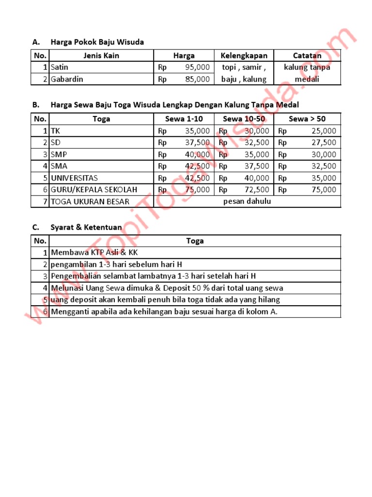 Price List Wisuda Toga Mura | PDF