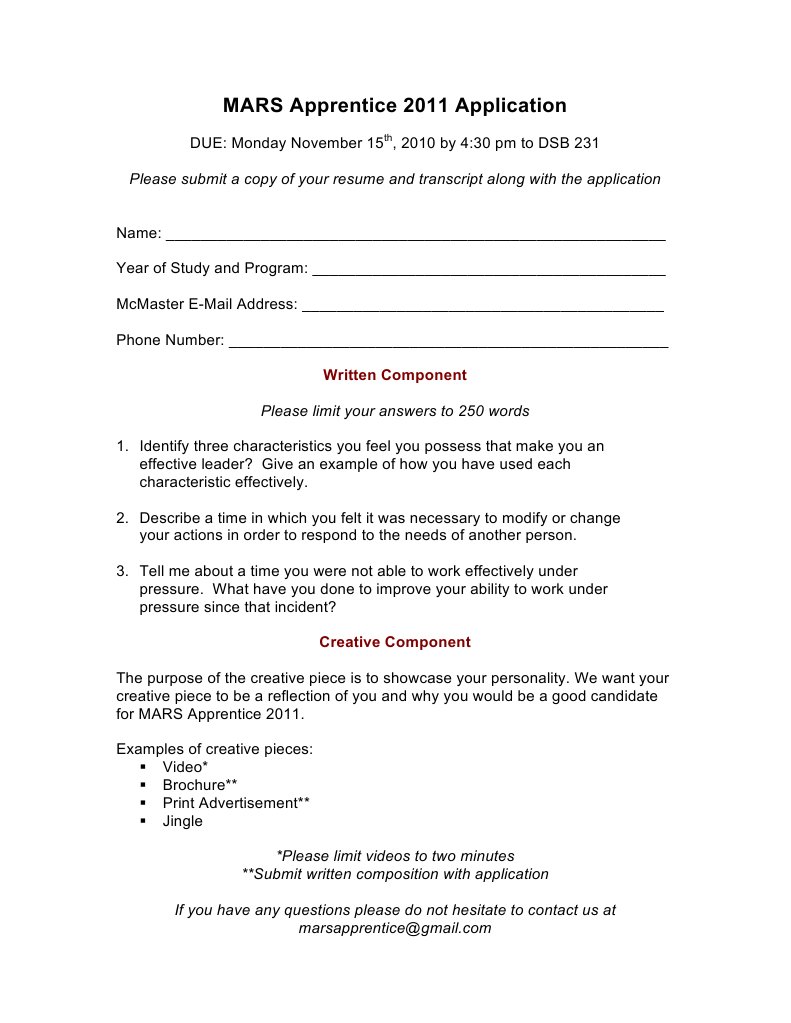 MARS Apprentice 2011 Application Guide | PDF