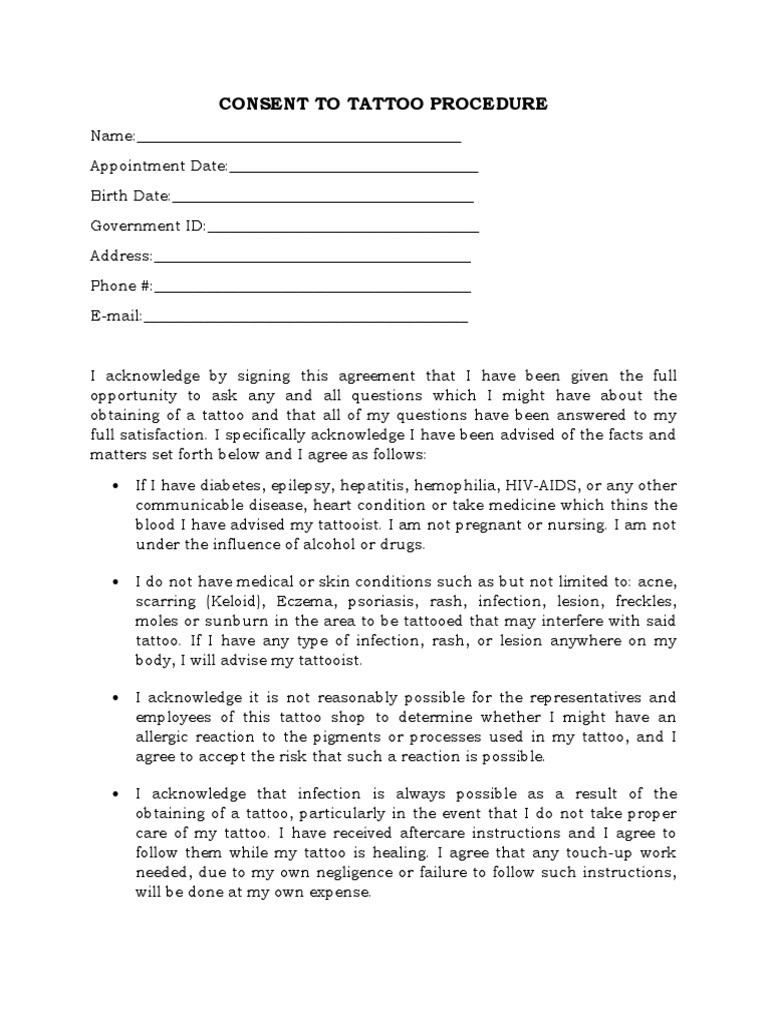 Consent To Tattoo Procedure | PDF | Tattoo | Disability