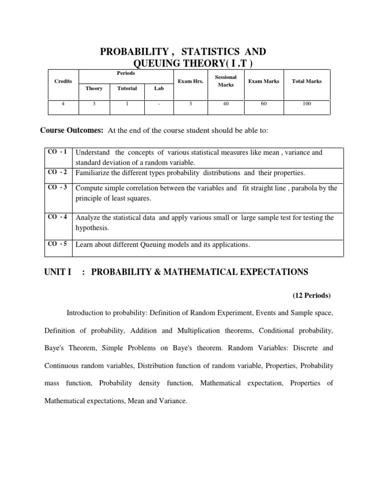Probability, Statistics and Queuing Theory (I .T) : Course Outcomes: at ...