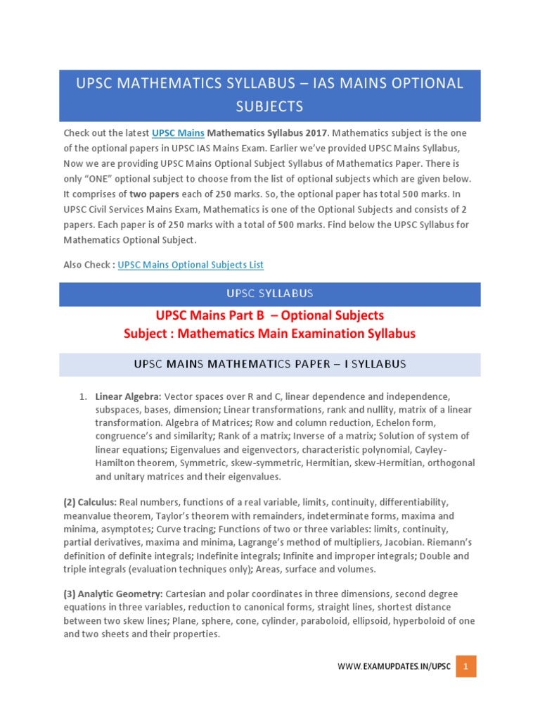 UPSC Mathematics Syllabus - IAS Mains Optional Subjects | PDF ...