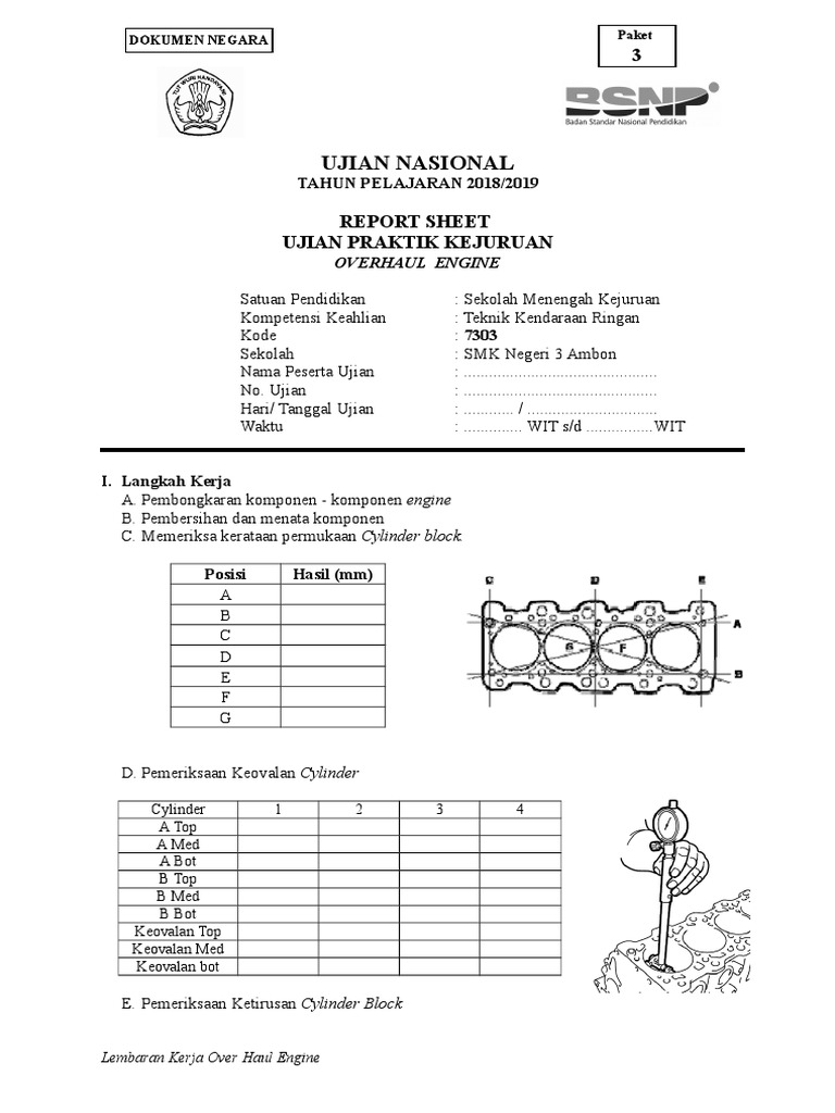 Report Sheet Overhaul Engine | PDF | Piston | Cylinder (Engine)