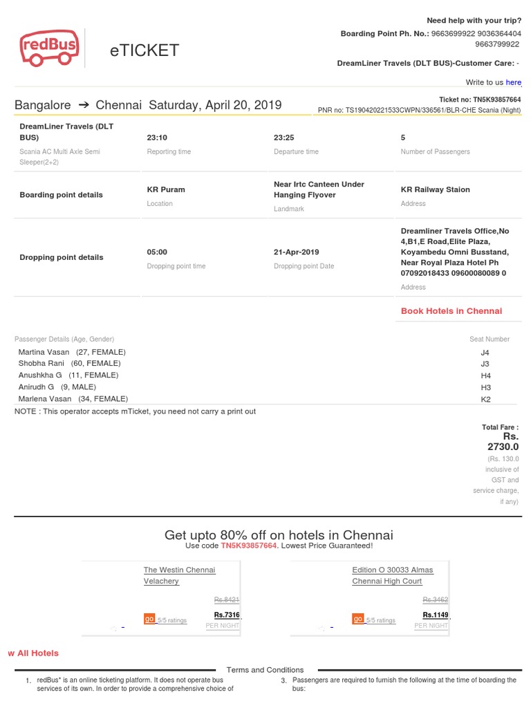 RedBus Ticket TN5K93857664 | Ticket (Admission) | Baggage