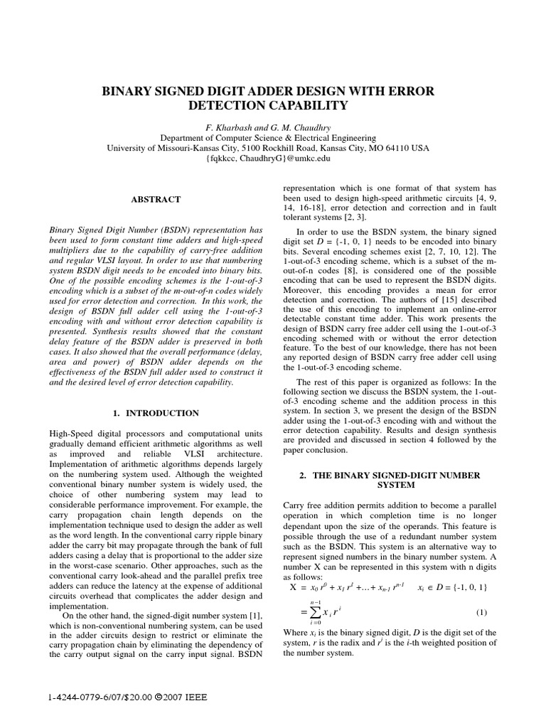 Binary Signed Digit Adder Design With Error Detection Capability | PDF | Arithmetic | Areas Of ...