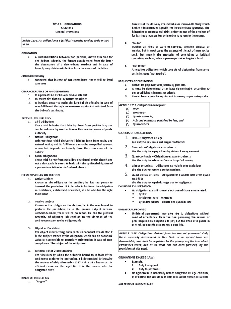 NOTES ON OBLICON - Part 1 PDF | PDF | Law Of Obligations | Doctrine