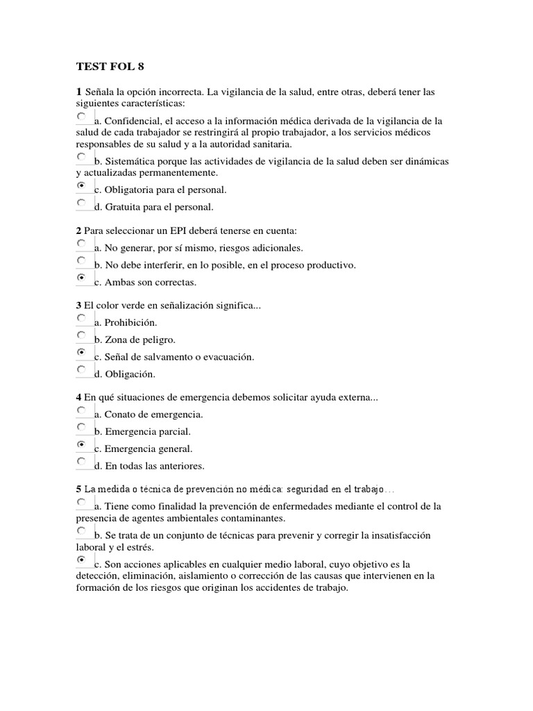 Test FOL | PDF | Seguridad y salud ocupacional | Factores humanos y ...