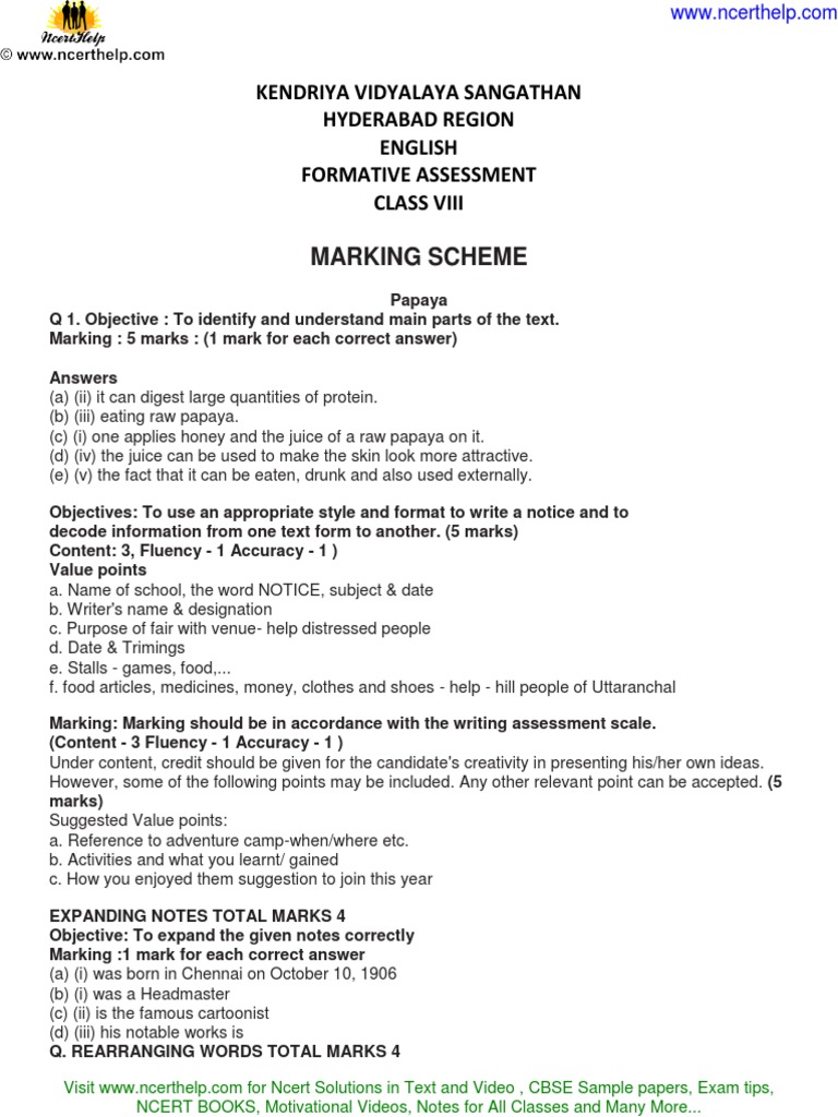 Answer Key Cbse Sample For Class 8 English FA 1 PDF | PDF | Cognition ...
