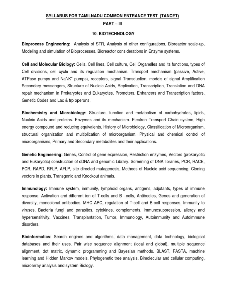 TANCET 2016 Syllabus Biotechnology | PDF | Cell (Biology) | Immune System