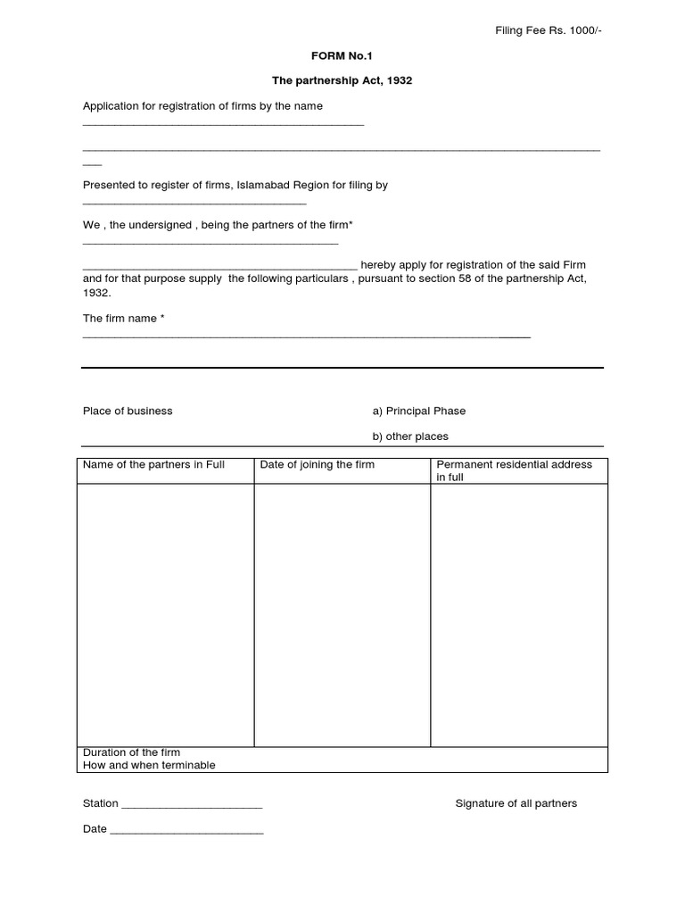 Form 1 Application For Registration of Firms Under Partnership Act 1932 ...