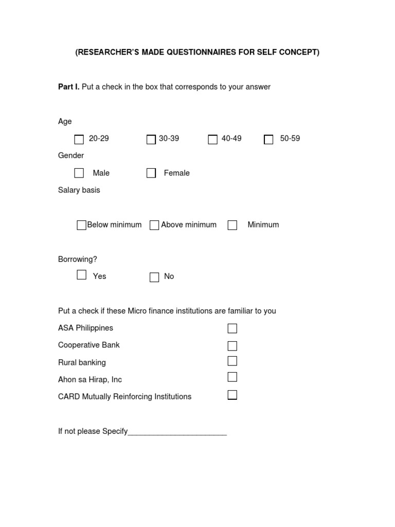 Researcher'S Made Questionnaires For Self Concept | PDF