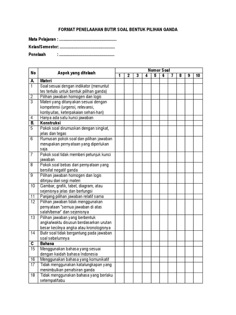 Format Penelaahan Butir Soal Bentuk Pilihan Ganda | PDF