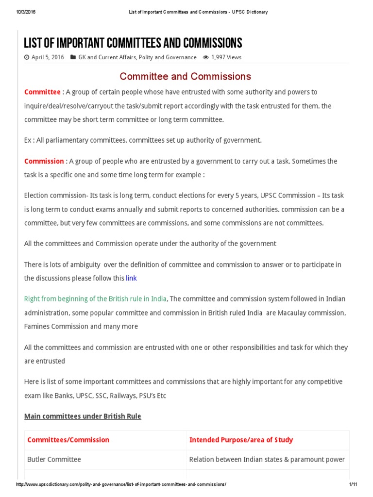 List of Important Committees and Commissions - UPSC Dictionary | PDF ...